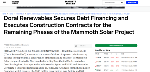 Doral Renewables Secures Debt Financing and Executes Construction ...