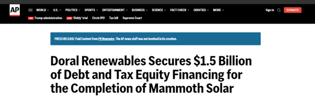 Doral Renewables Secures $1.5 Billion of Debt and Tax Equity Financing ...